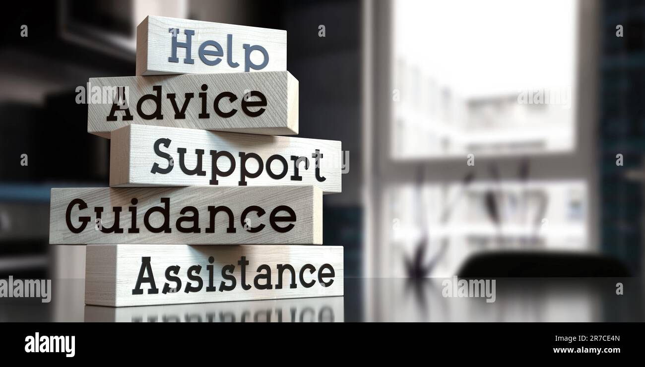 Help, advice, support, guidance, assistance - words on wooden blocks ...