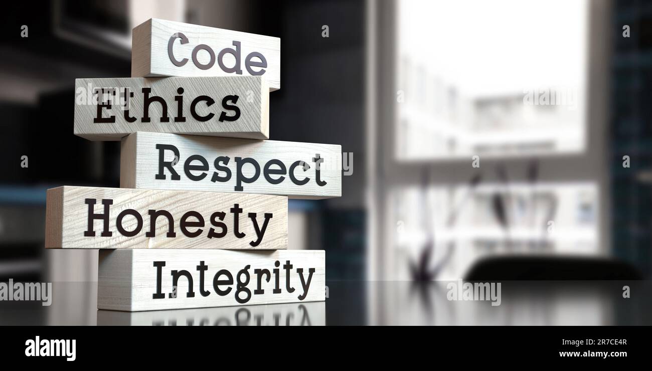 Code, ethics, respect, honesty, integrity - words on wooden blocks - 3D ...