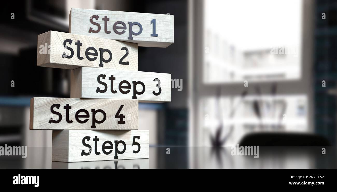 Step 1, 2, 3, 4, 5 - words on wooden blocks - 3D illustration Stock ...