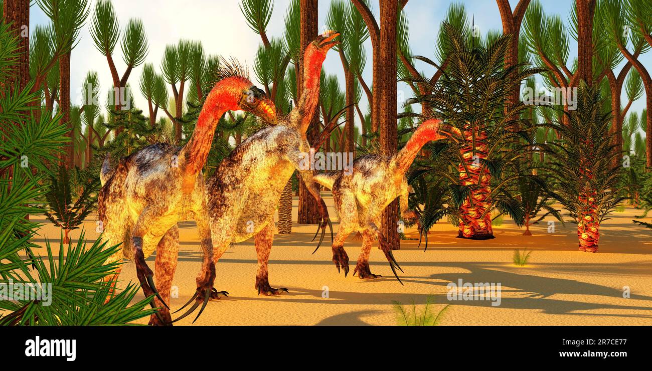 Therizinosaurus theropod dinosaurs hunt for prey among Sigillaria Trees ...