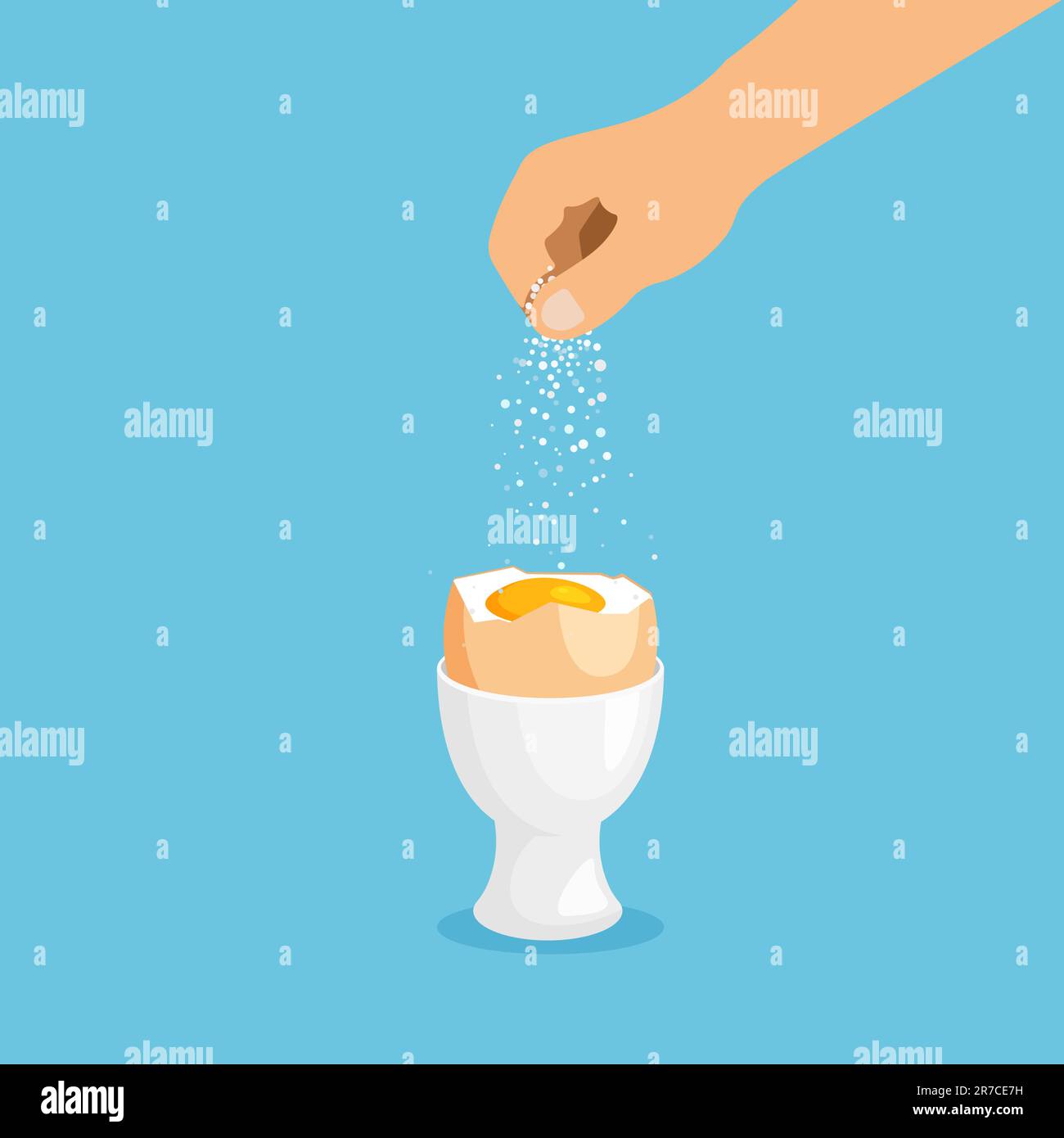 Hand sprinkles salt on the boiled egg in a holder. Healthy breakfast ...