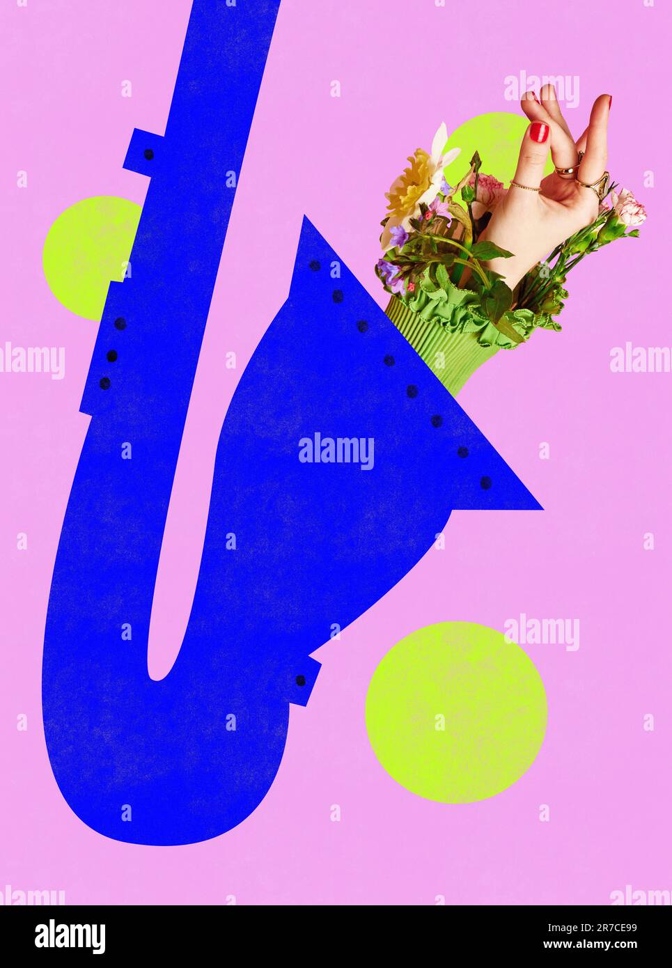 Blooming tone. Female hand sticking out trumpet. Lovely sounds and ...