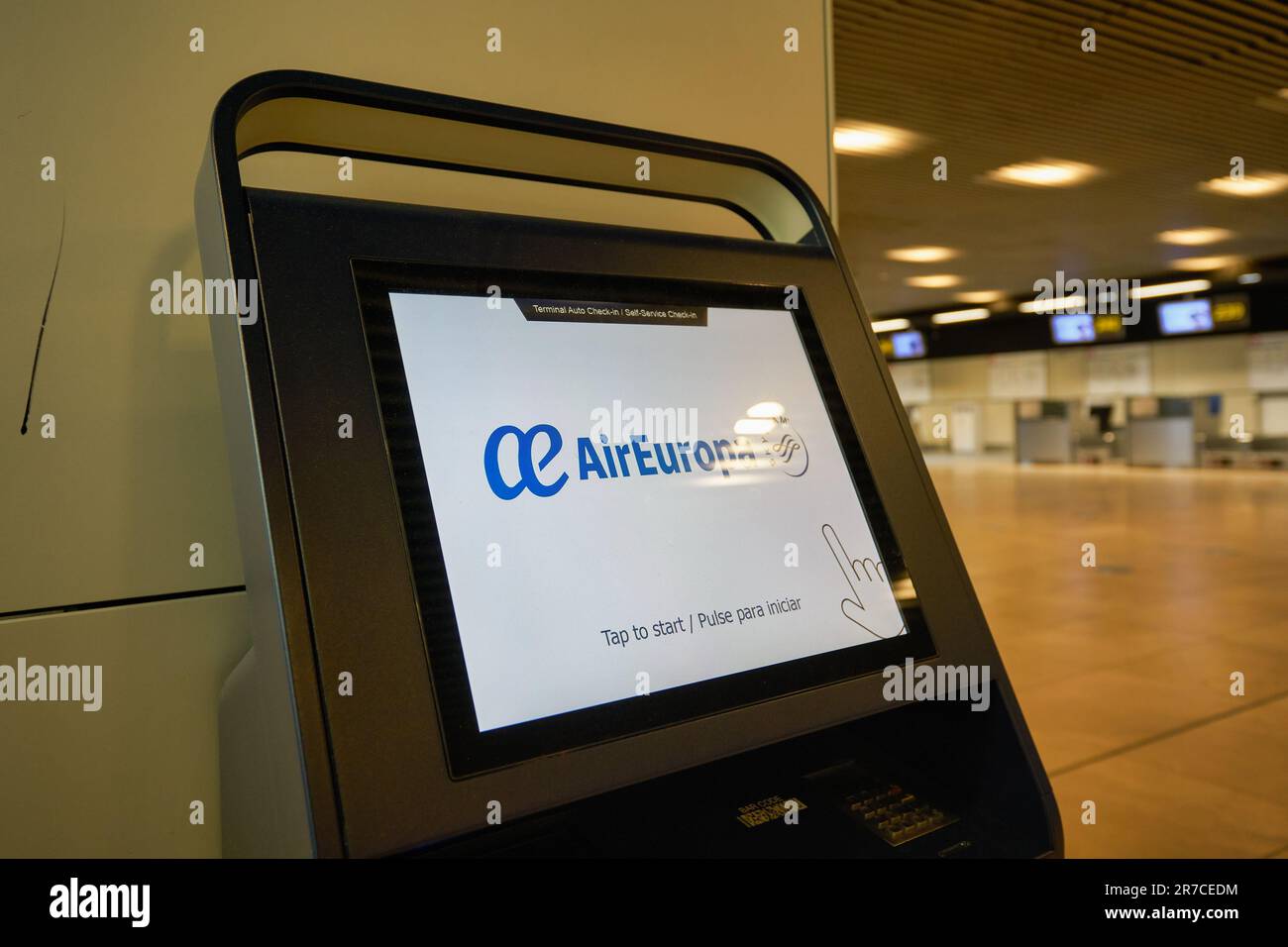 MADRID, SPAIN - CIRCA JANUARY, 2020: Air Europa self-service check-in ...