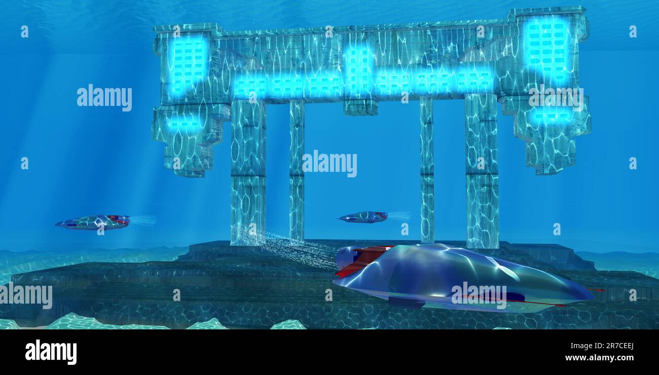 Underwater Alien City - Several spaceships leave an underwater alien ...