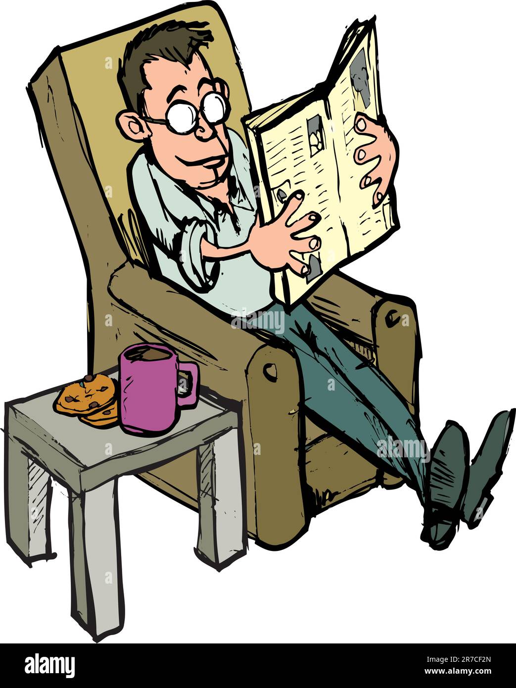 Cartoon in a lounge chair reading a newspaper with coffee on the side ...