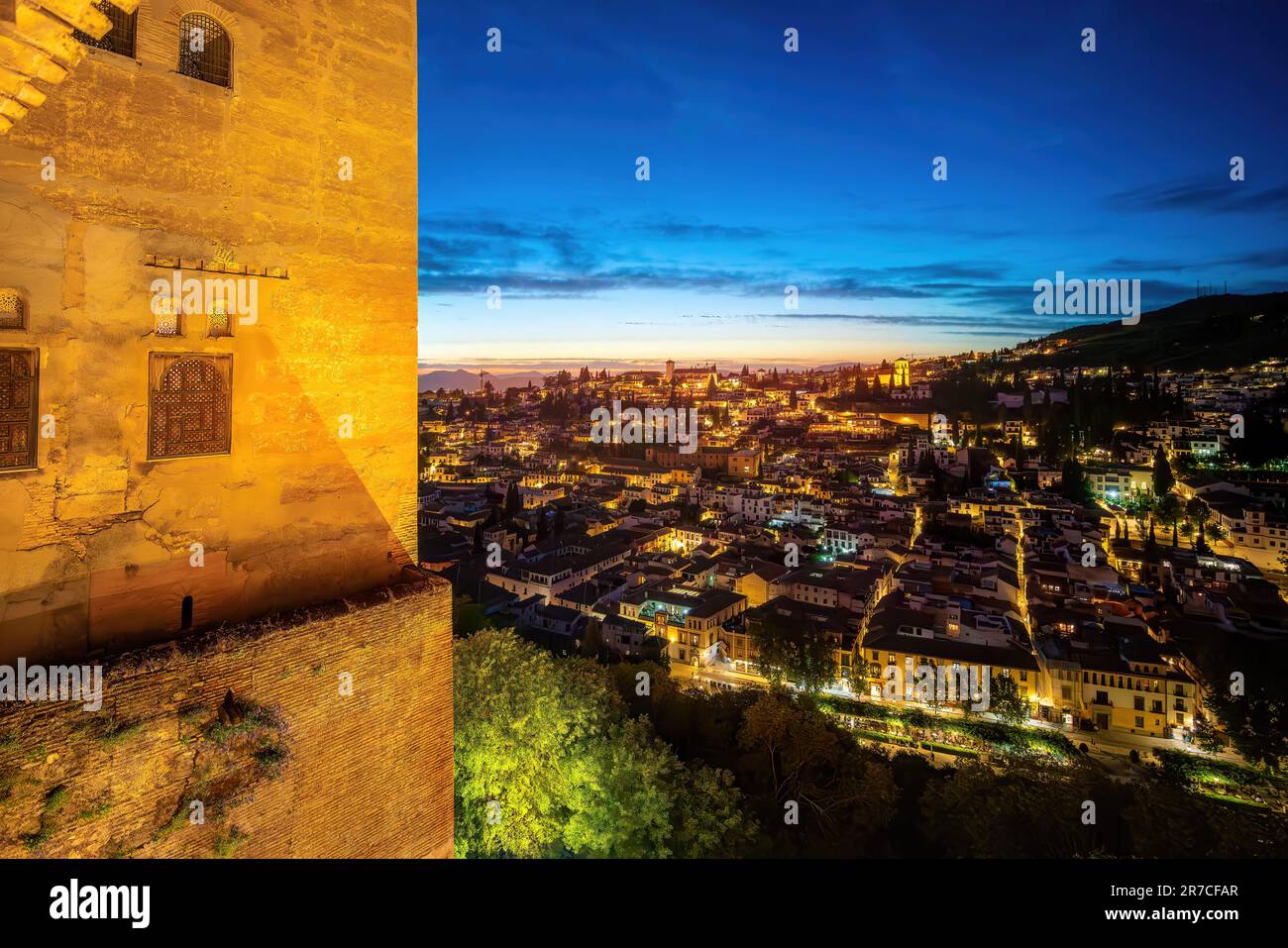 Alhambra aerial view at night with Comares Tower at Nasrid Palaces of ...