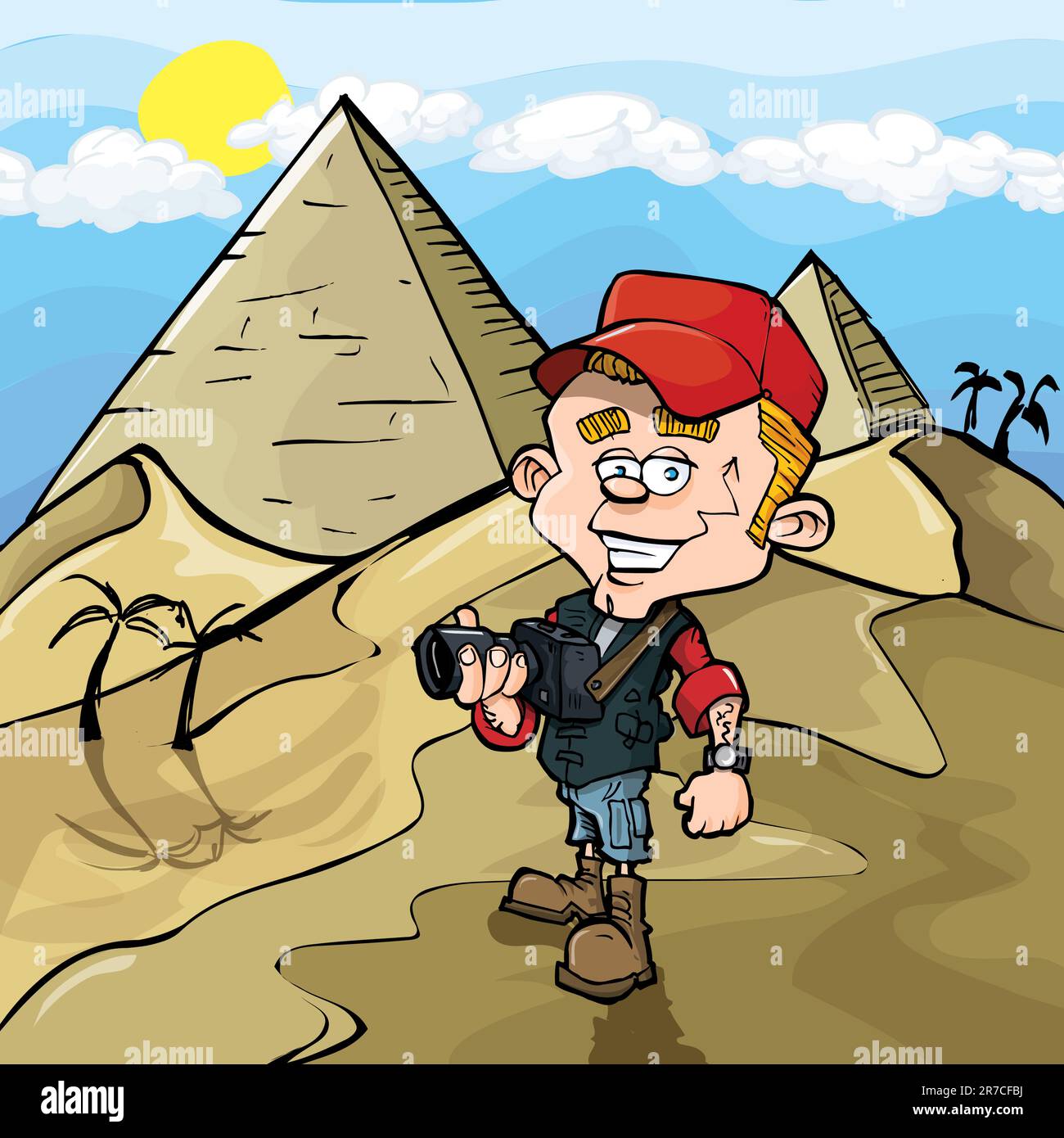Cartoon photojournalist in Egypt. Pyramids behind him Stock Vector ...