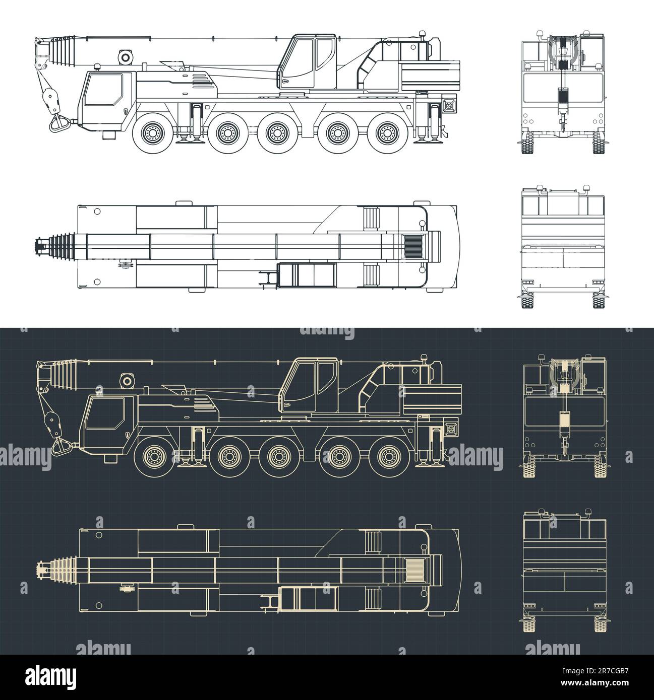 Stylized vector illustrations of blueprints of mobile crane with ...