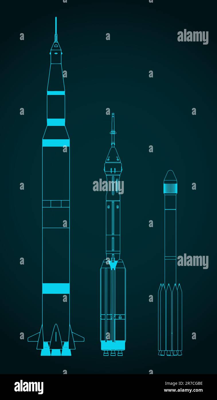 Stylized vector illustrations of blueprint of launch vehicles Stock ...