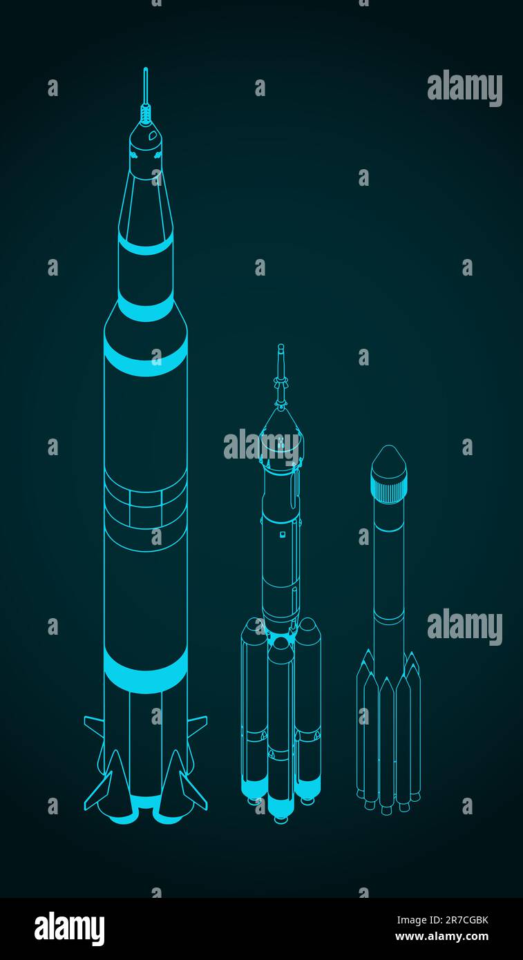 Stylized vector illustrations of isometric blueprint of launch vehicles ...