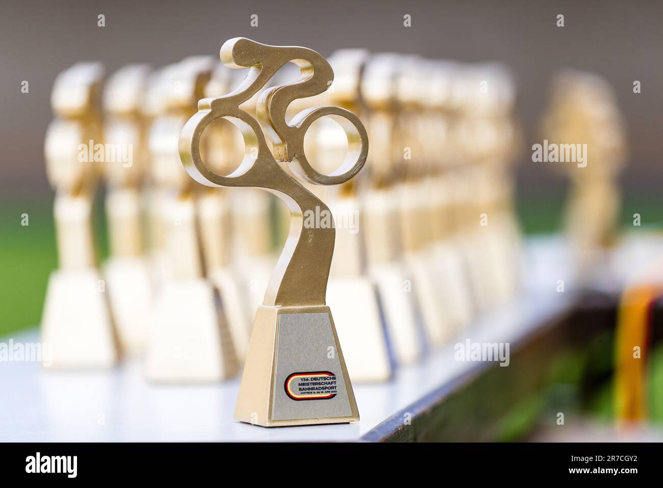 Cottbus, Germany. 14th June, 2023. Cups awarded to the top three ...
