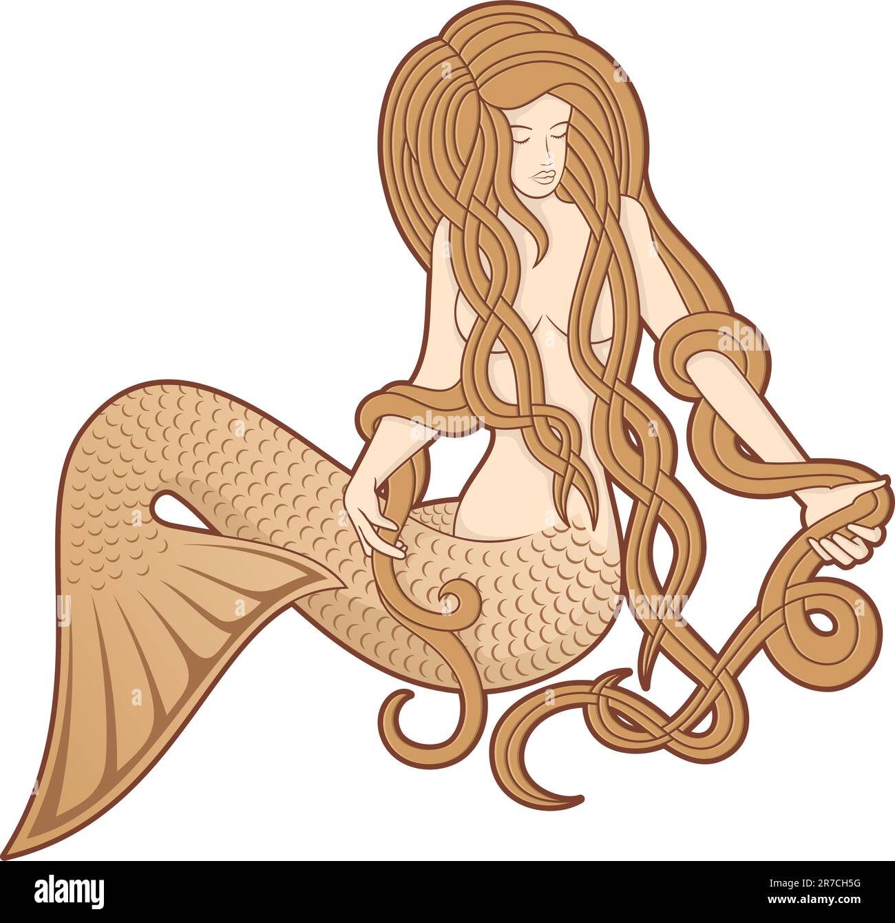 Illustration Of A Sitting Mermaid With Long Hair On White Background Stock Vector Image And Art