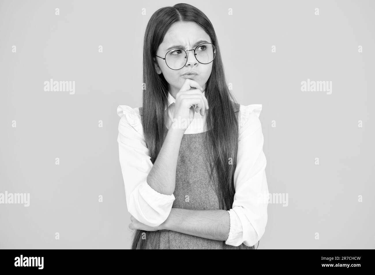 Thinking teenager girl, thoughtful emotion. Smart nerdy school girl ...