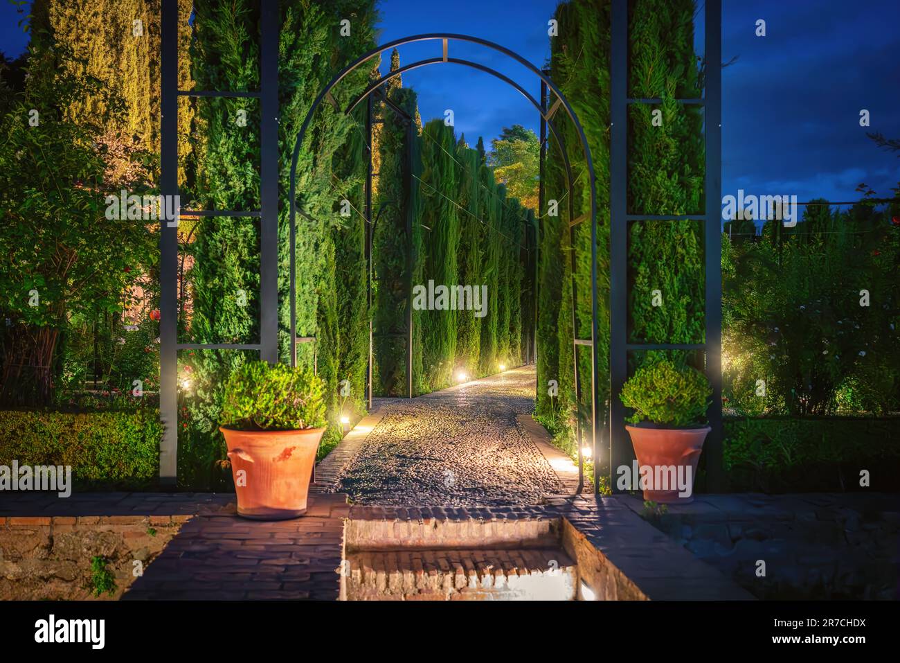 Generalife Gardens of Alhambra at night - Granada, Andalusia, Spain ...