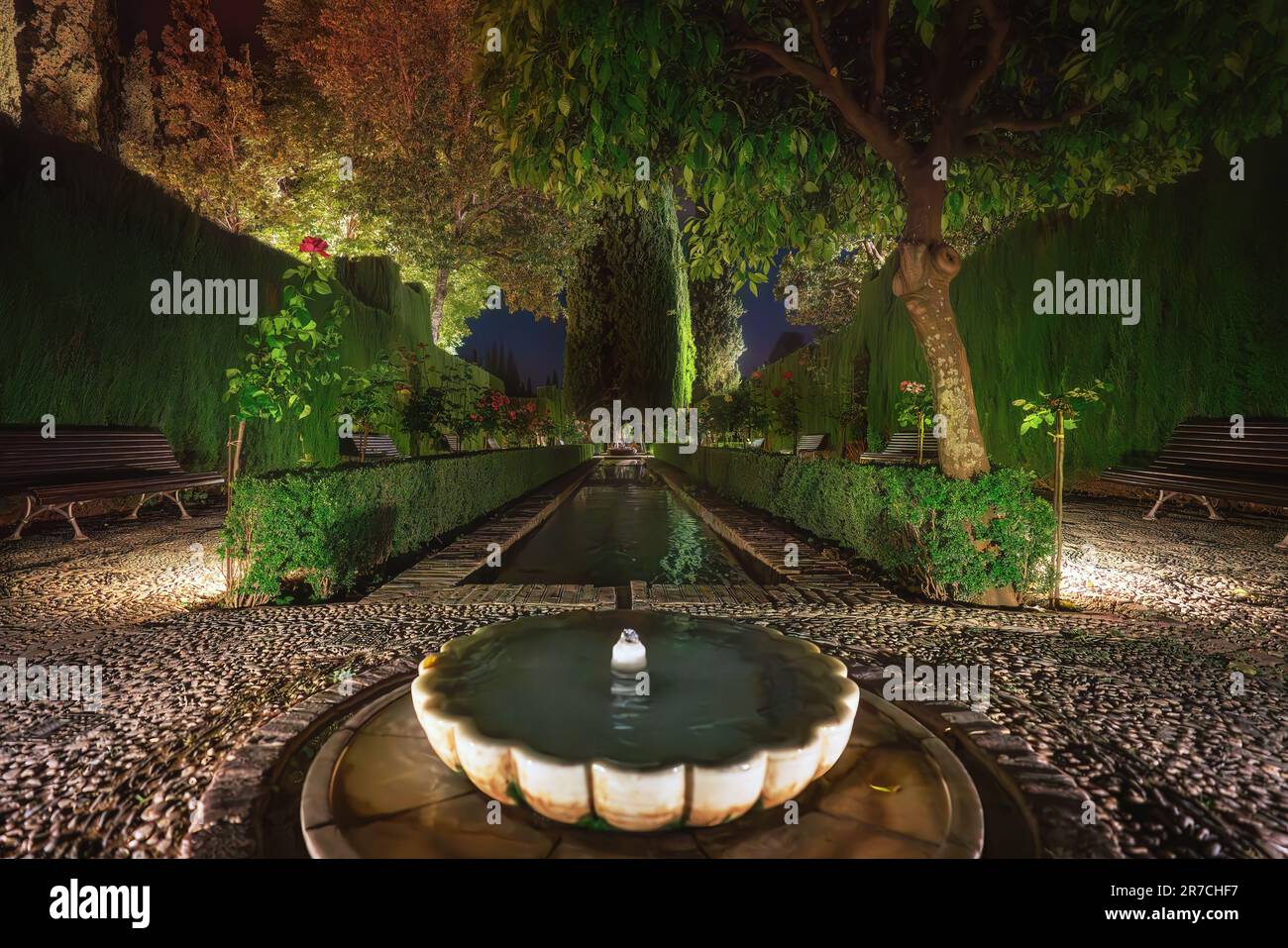Generalife Gardens of Alhambra at night - Granada, Andalusia, Spain ...