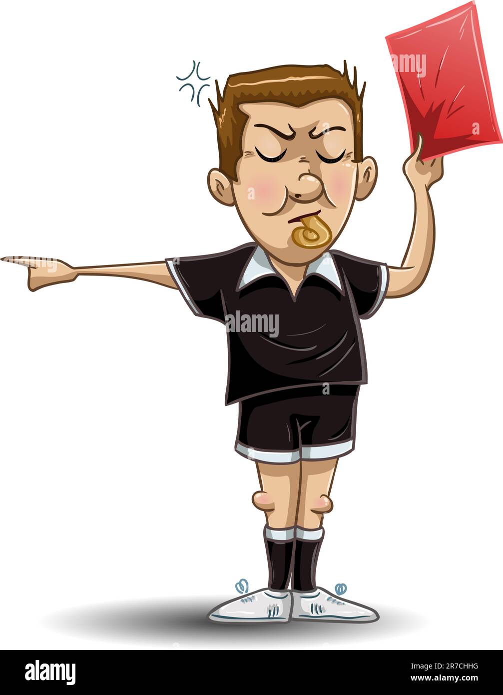 illustration of a soccer referee whistles, holds out a red card and ...
