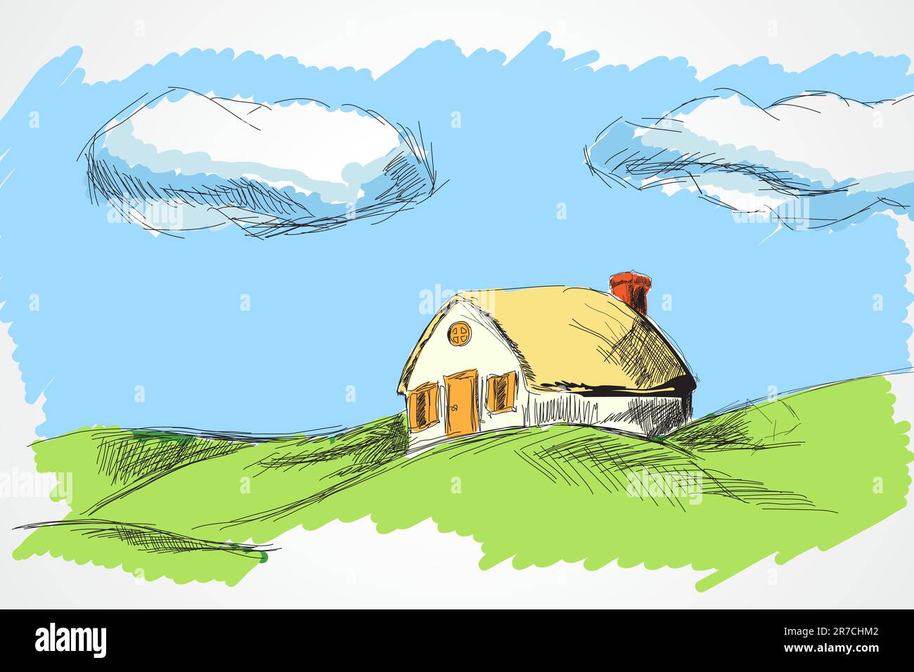hand draw house in the meadow (vector illustration Stock Vector Image ...