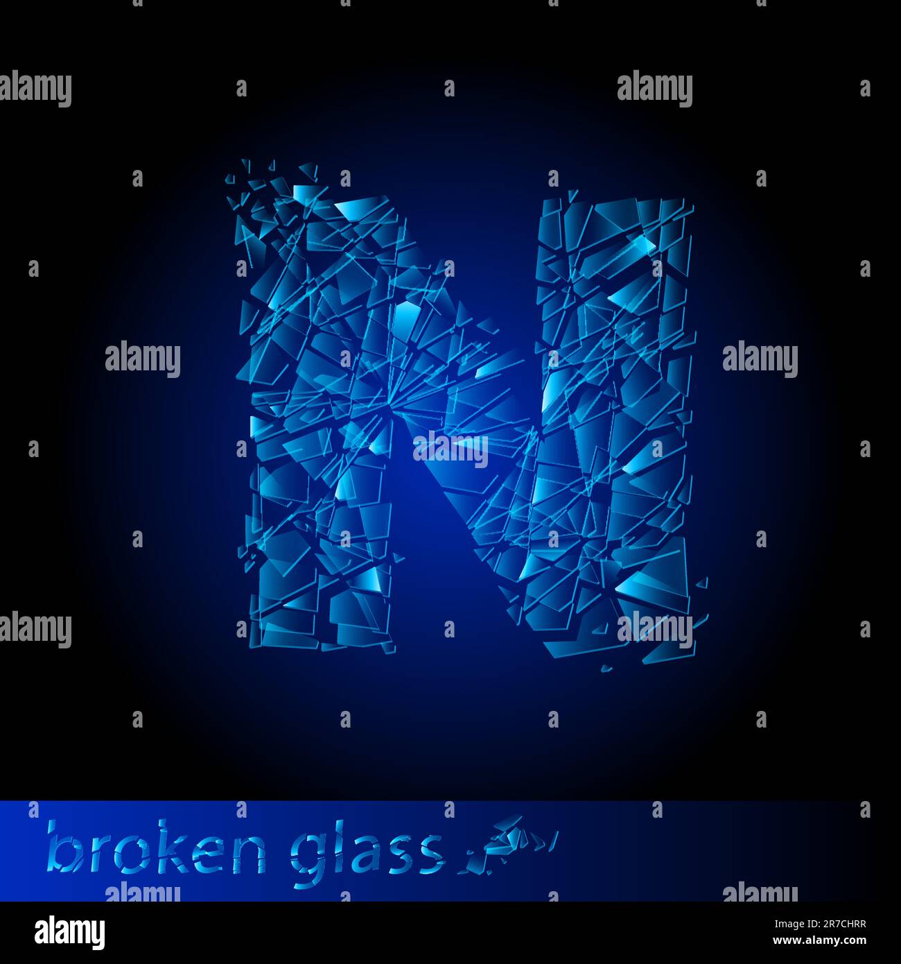 One letter of broken glass - N. Illustration on black background Stock ...