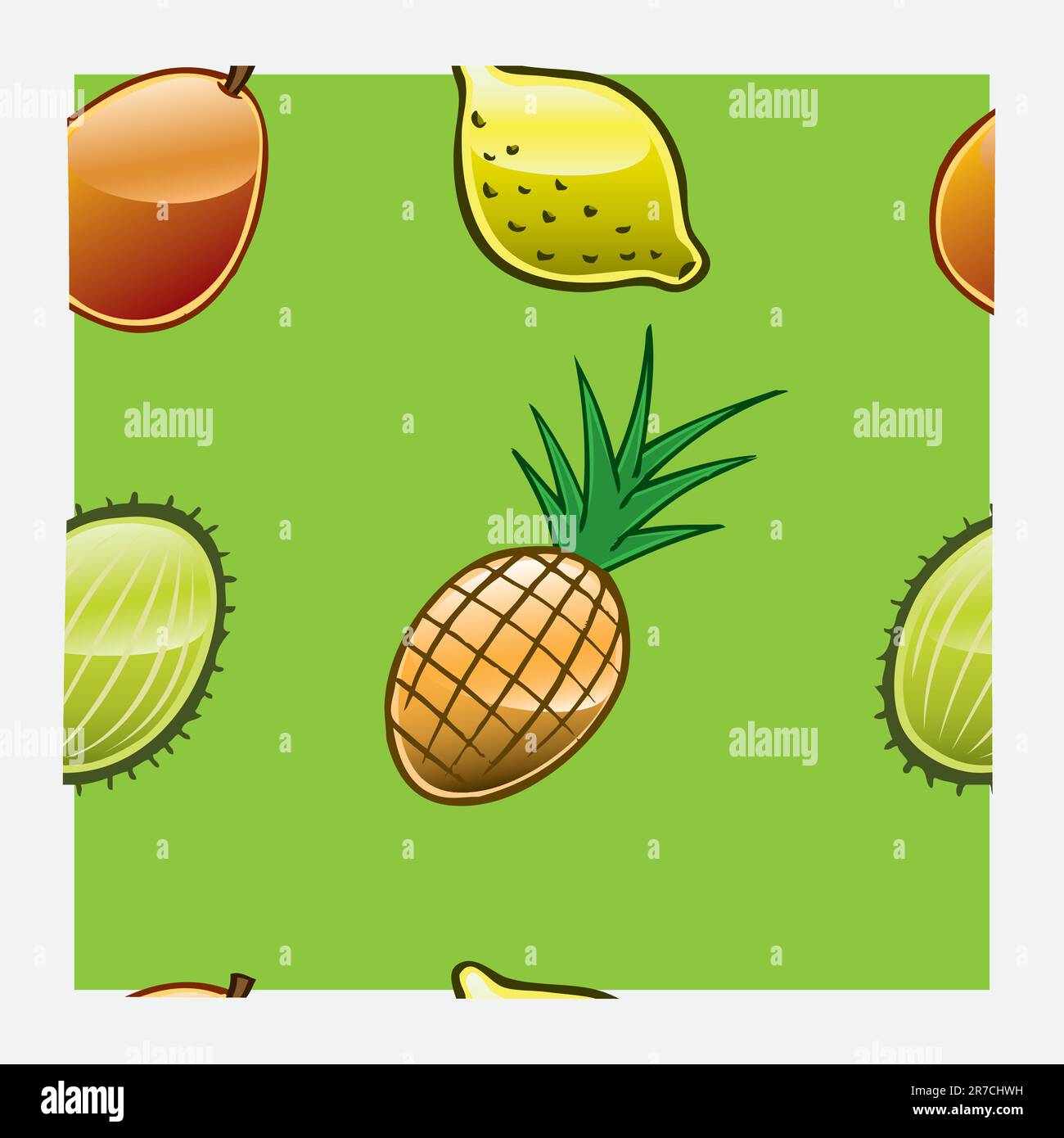 A series of fruits made into a repeat pattern against a grass green ...