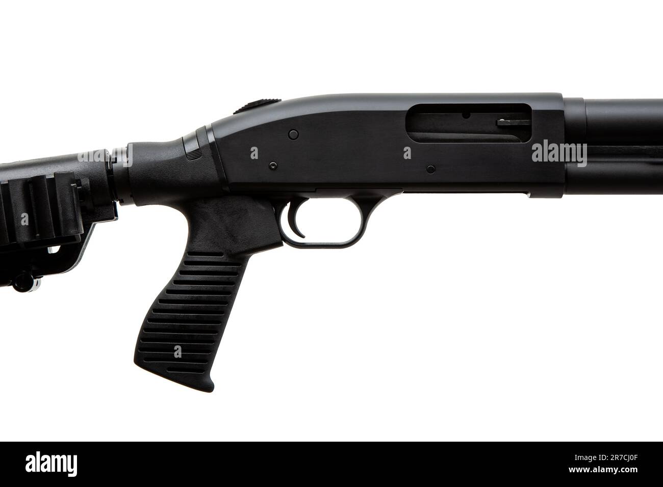 Pump-action 12 gauge shotgun isolated on a white background. Close-up ...