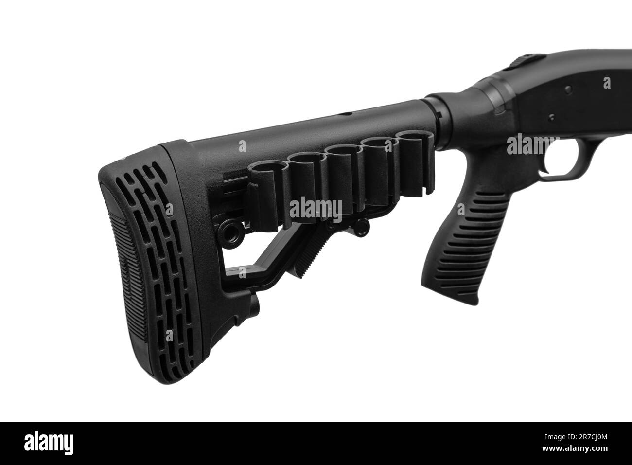 Pump-action 12 gauge shotgun isolated on a white background. Close-up ...