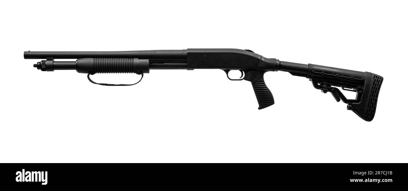 Pump-action 12 gauge shotgun isolated on a white background. A smooth ...