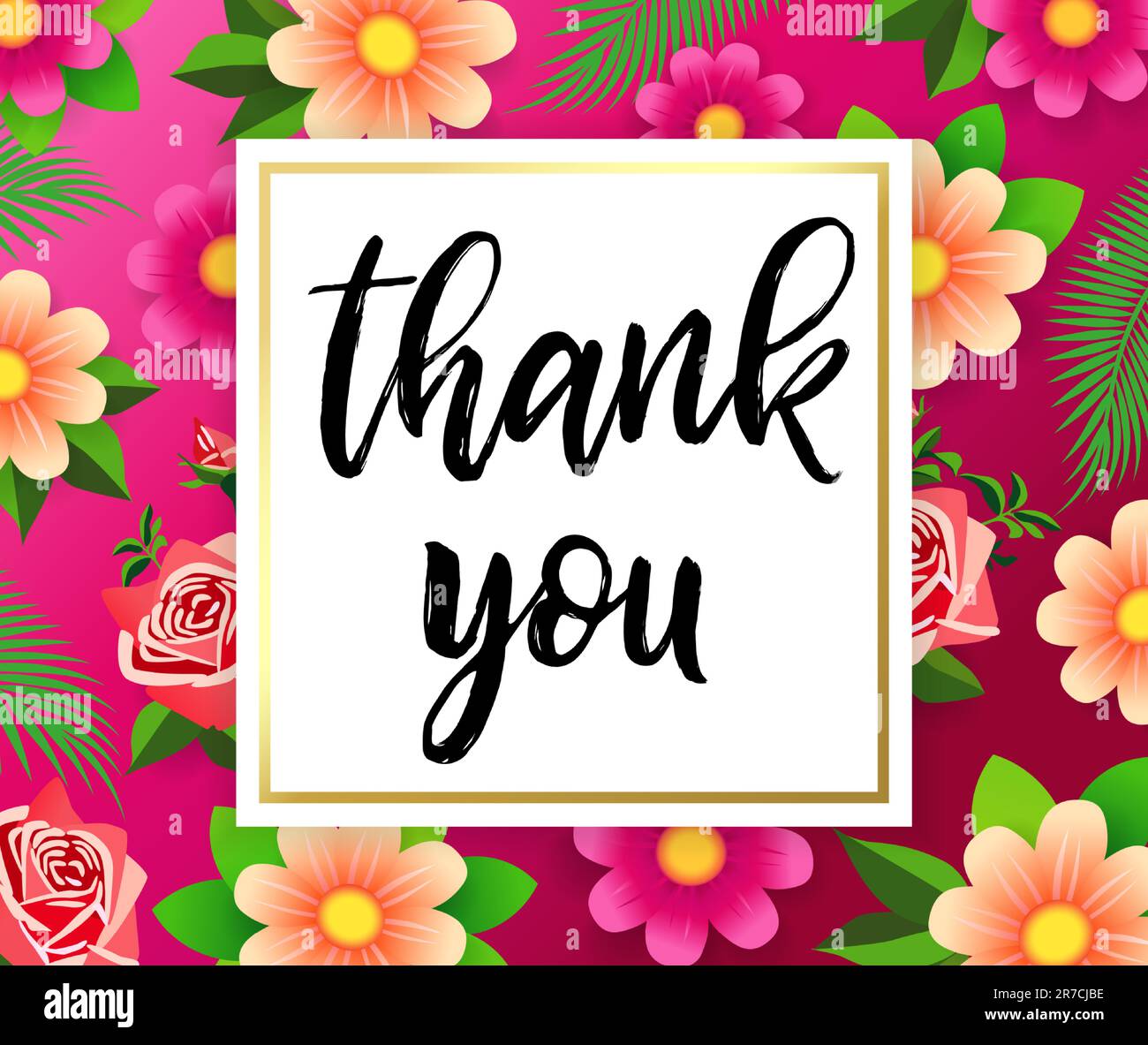 Thank you, handwritten card with flowers and leaf. Vector quotes for ...