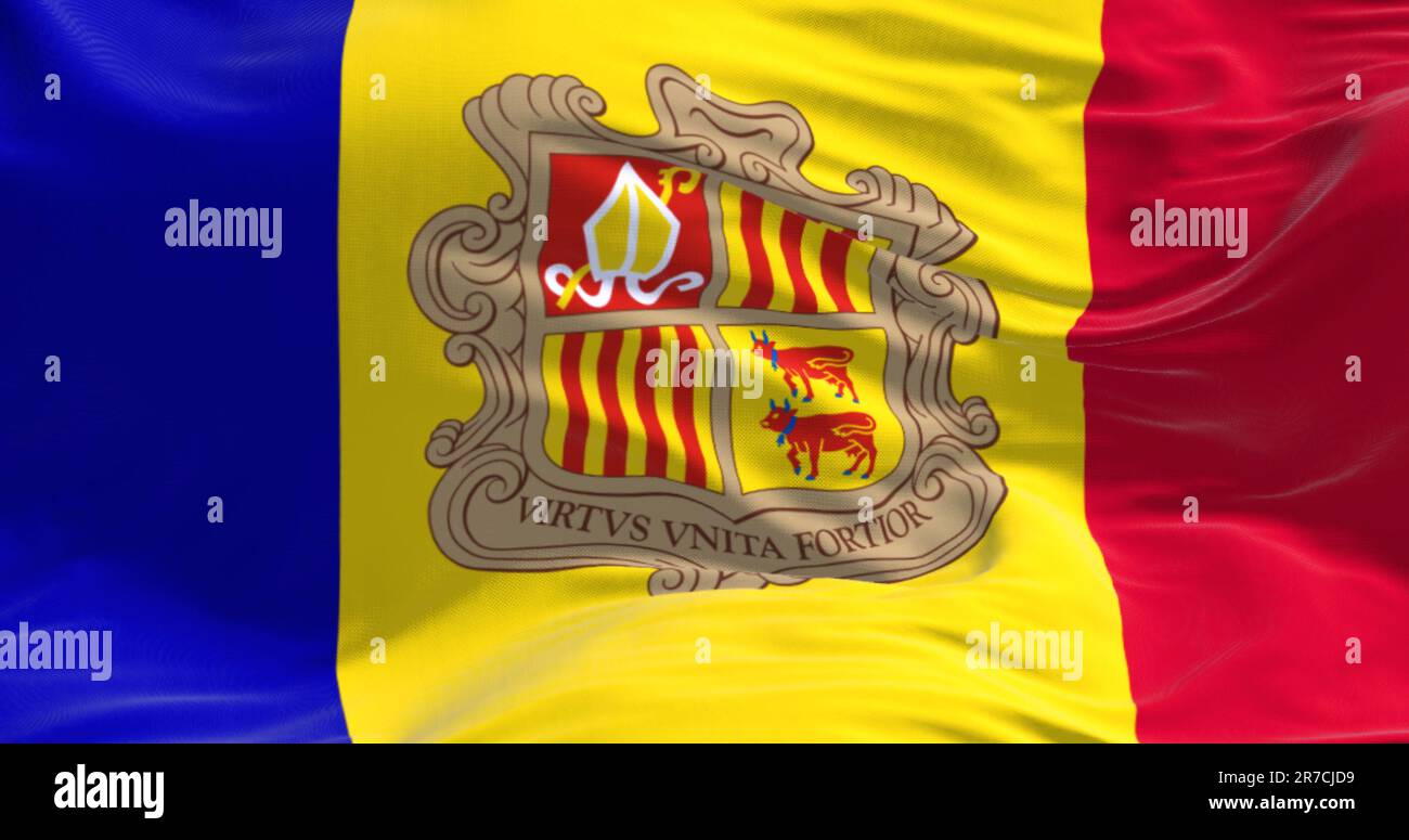 The flag of the Principality of Andorra waving in the wind. Vertical ...