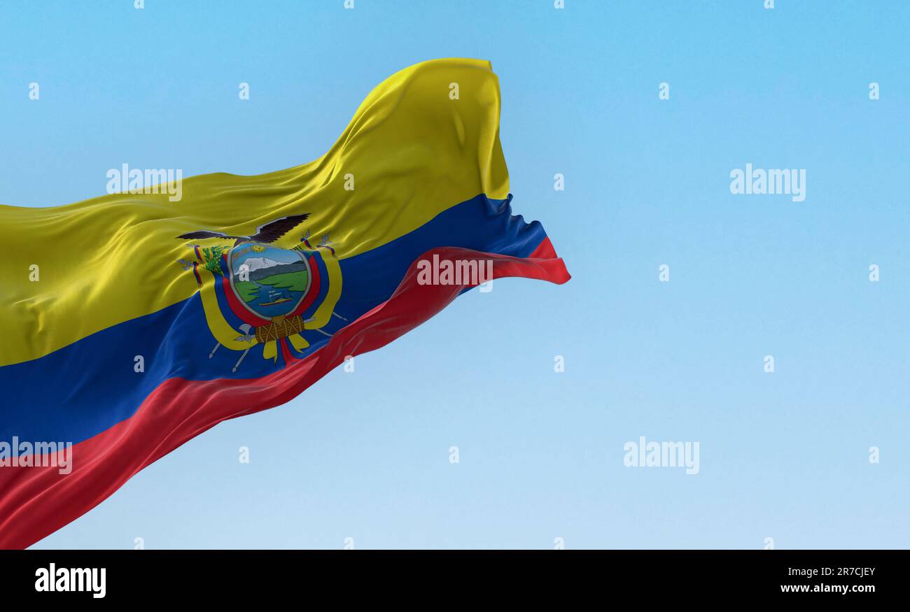 Close-up view of the Ecuador national flag waving in the wind. The ...