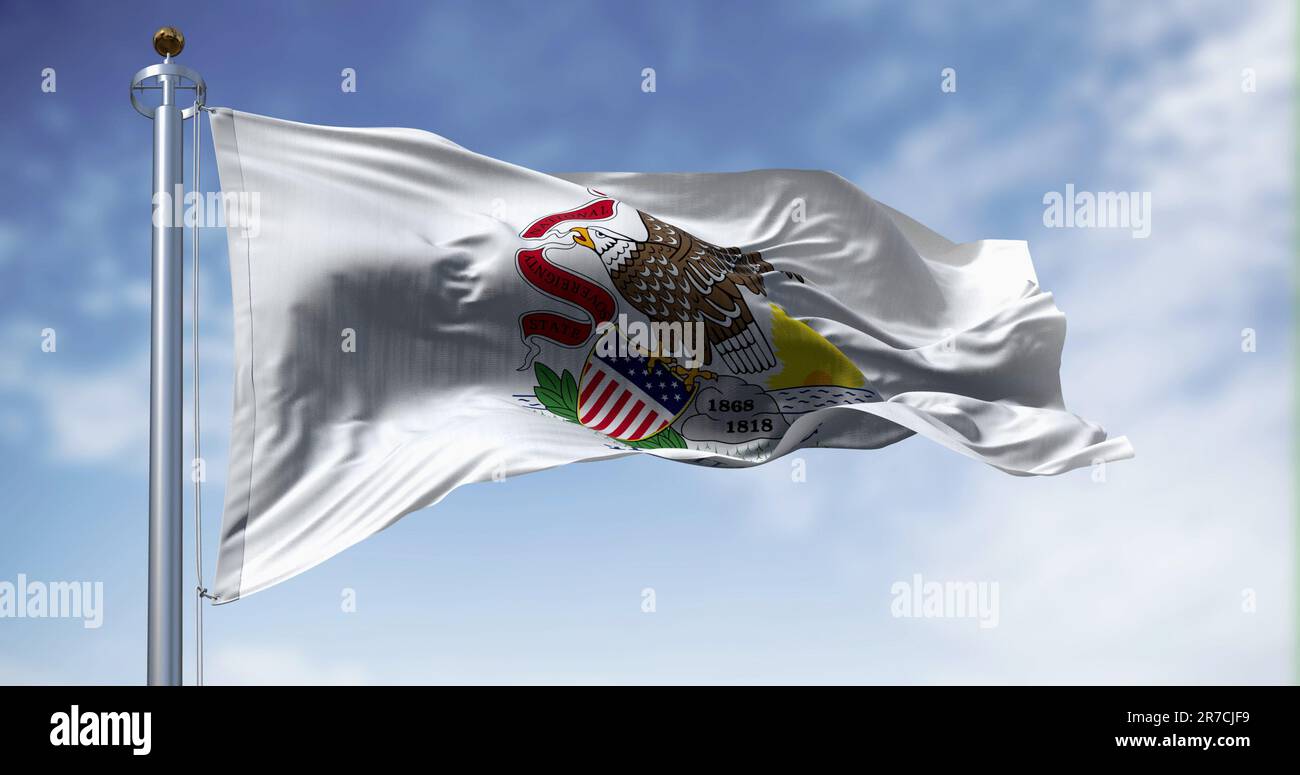 Close-up view of Illinois state flag waving in the wind. Illinois flag ...