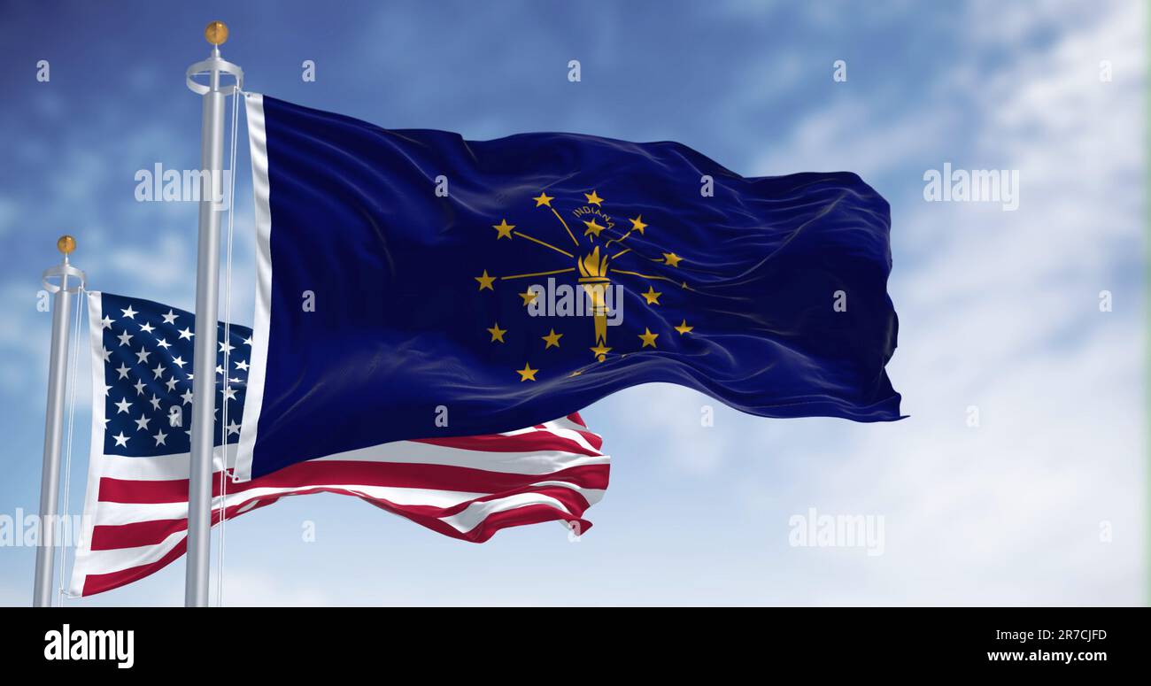 Indiana state flag waving with the national flag of the United States ...