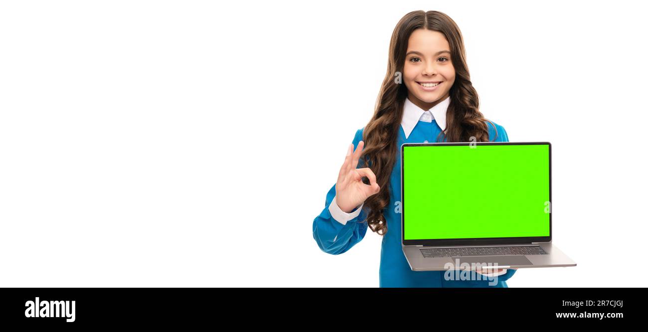 cheerful child presenting product. ok. school blog on computer. kid on ...