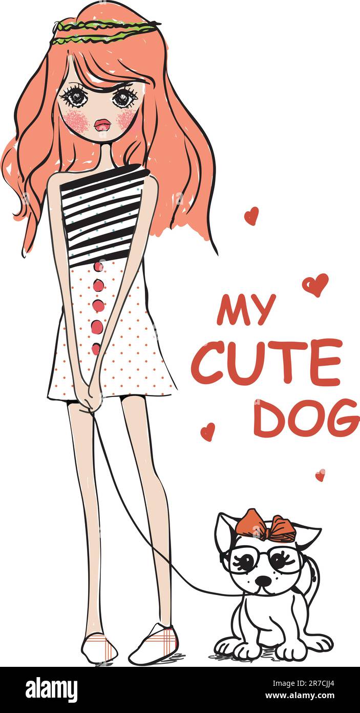 cute illustration girl with dog vector drawing sketch Stock Vector ...