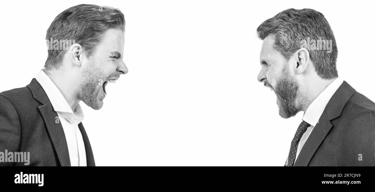 Man face portrait, banner with copy space. two businessmen shouting in ...