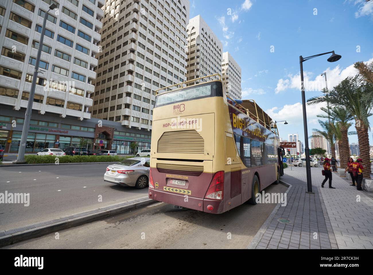 ABU DHABI, UAE - CIRCA JANUARY, 2020: hop-on hop-off double-decker bus ...