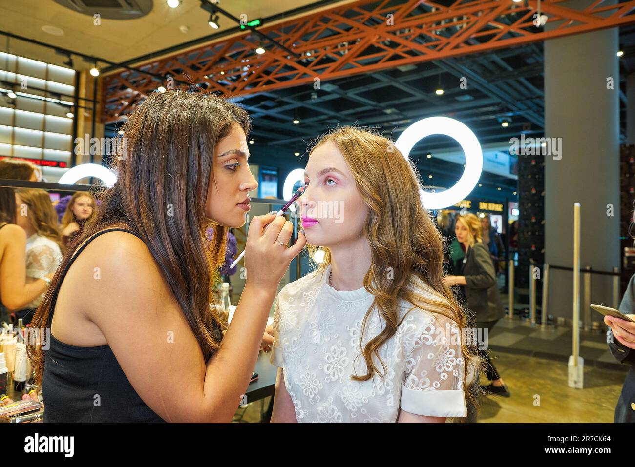MOSCOS, RUSSIA - CIRCA SEPTEMBER, 2019: makeup specialist in Gold Apple ...