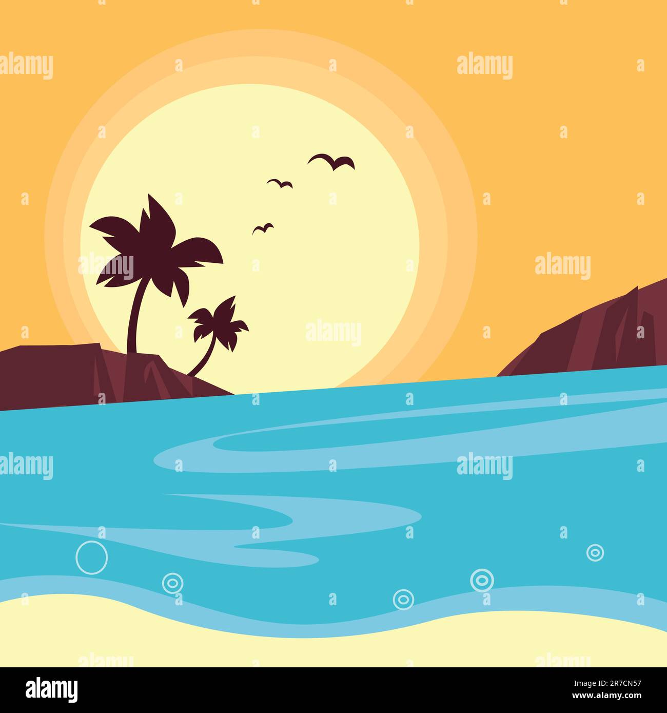 Beach Sunset Palm Trees Against Orange Sunset Vector Illustration