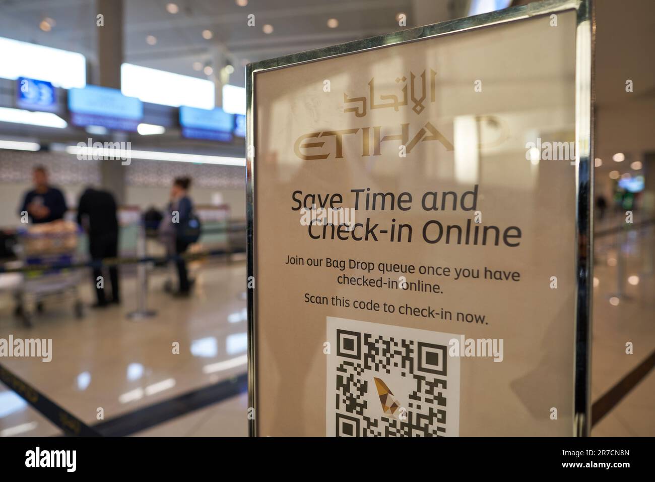 ABU DHABI, UAE - CIRCA JANUARY, 2020: Etihad Airways sign seen at check ...
