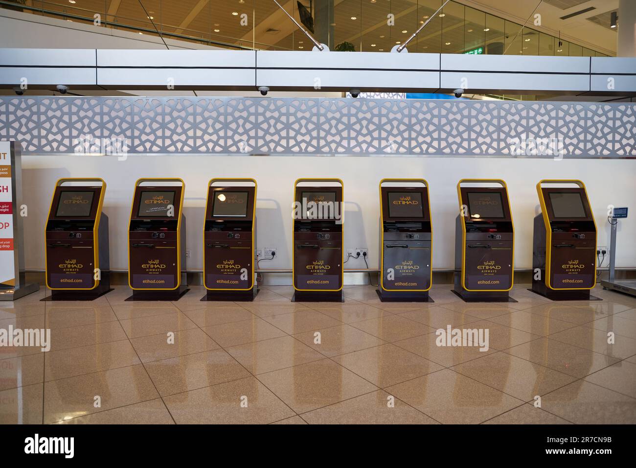 ABU DHABI, UAE - CIRCA JANUARY, 2020: Etihad Airways self check-in ...