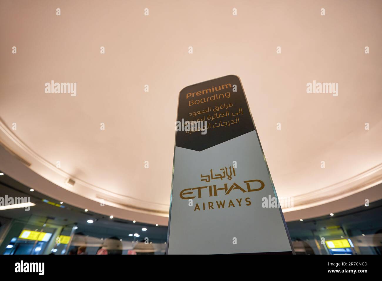 ABU DHABI, UAE - CIRCA JANUARY, 2020: boarding sign seen in Abu Dhabi ...
