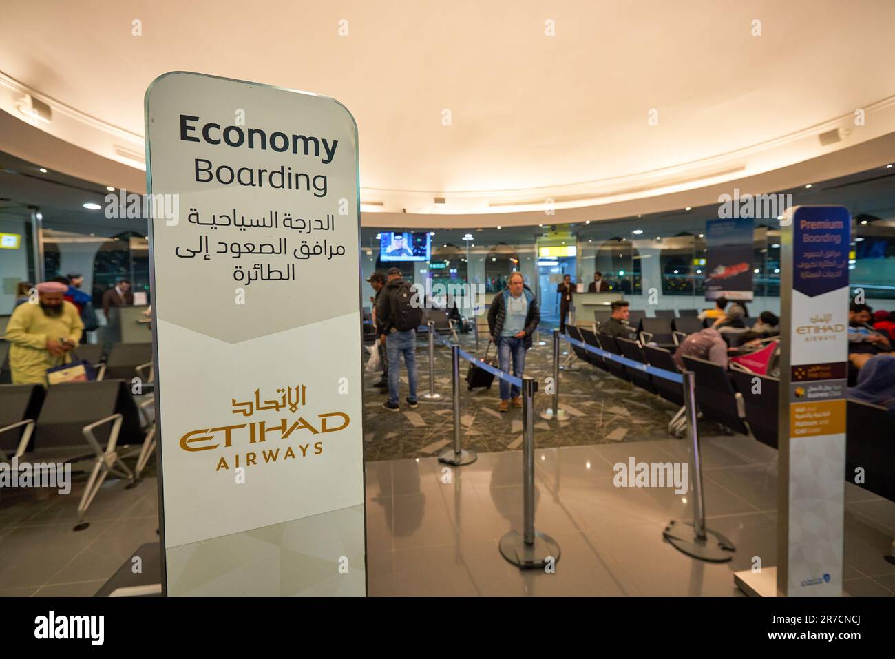 ABU DHABI, UAE - CIRCA JANUARY, 2020: boarding sign seen in Abu Dhabi ...