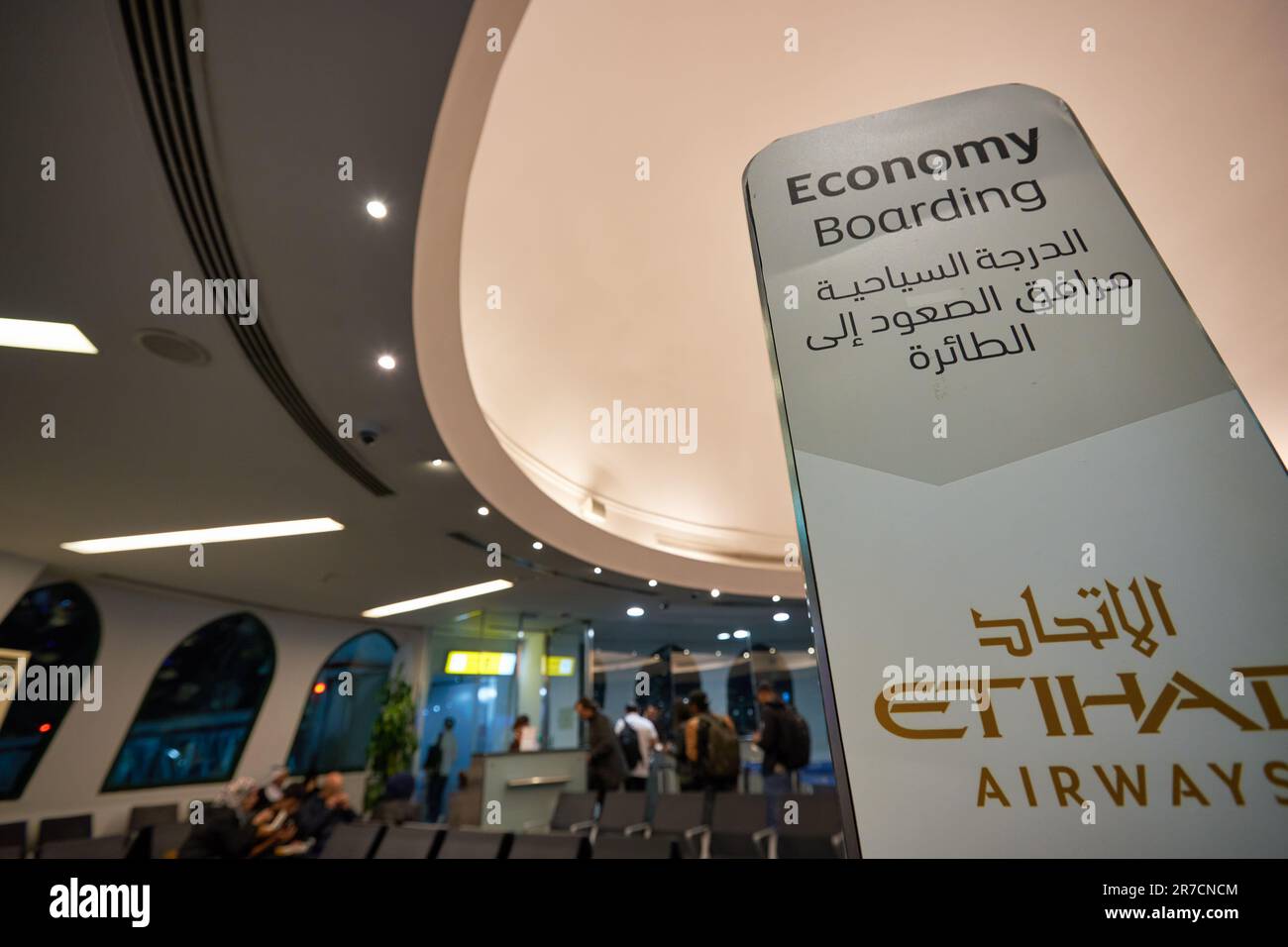 ABU DHABI, UAE - CIRCA JANUARY, 2020: boarding sign seen in Abu Dhabi ...
