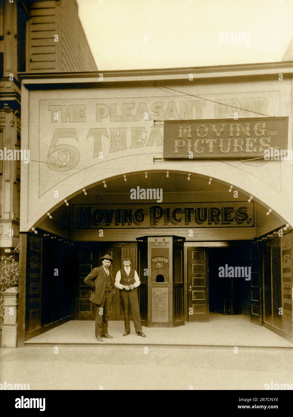 United States: c. 1910. A nickelodean called "The Pleasant Hour", which ...