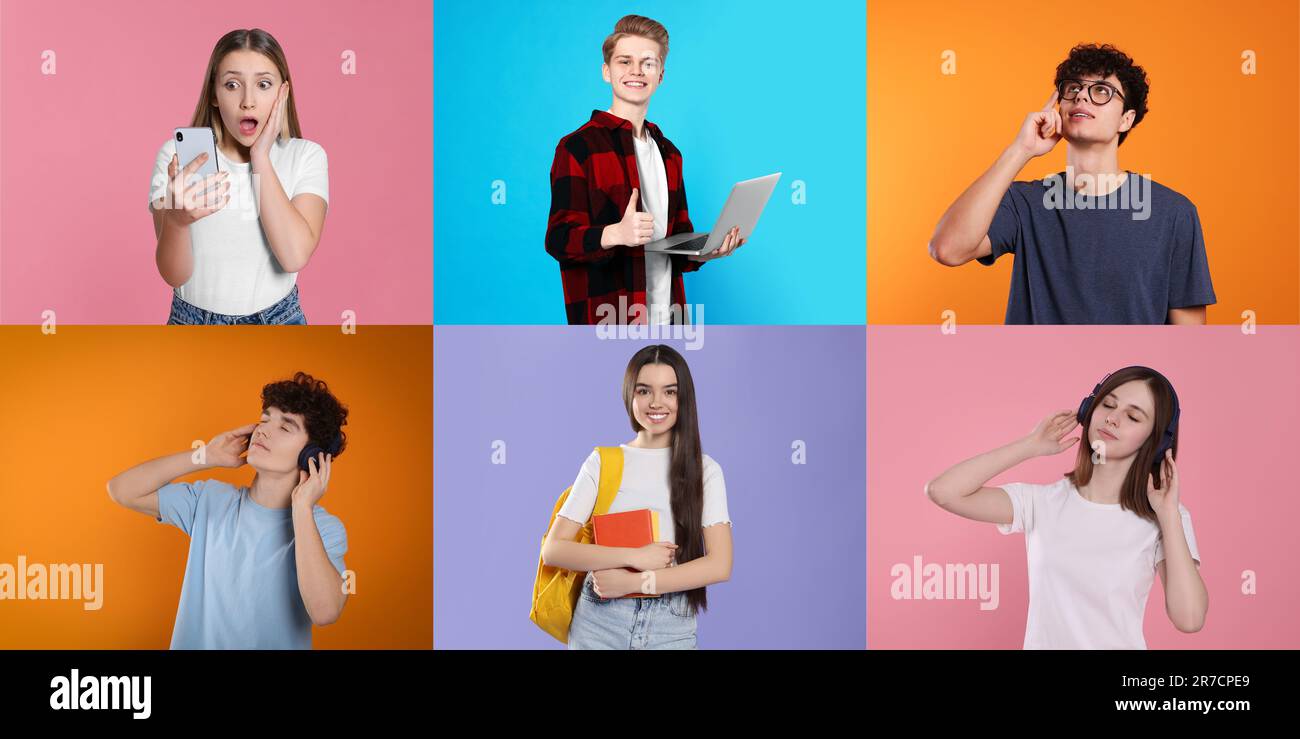 Photos of teenagers on different color backgrounds, collage Stock Photo - Alamy