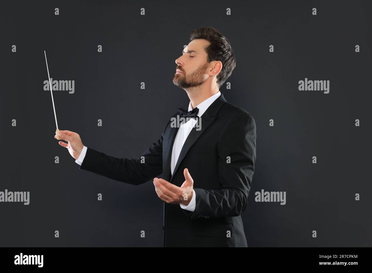 Professional conductor with baton on black background Stock Photo - Alamy