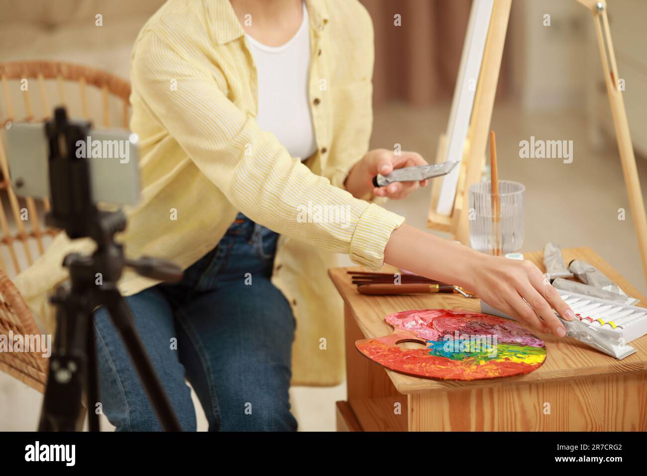 Teacher conducting online painting lesson at home, closeup. Time for ...