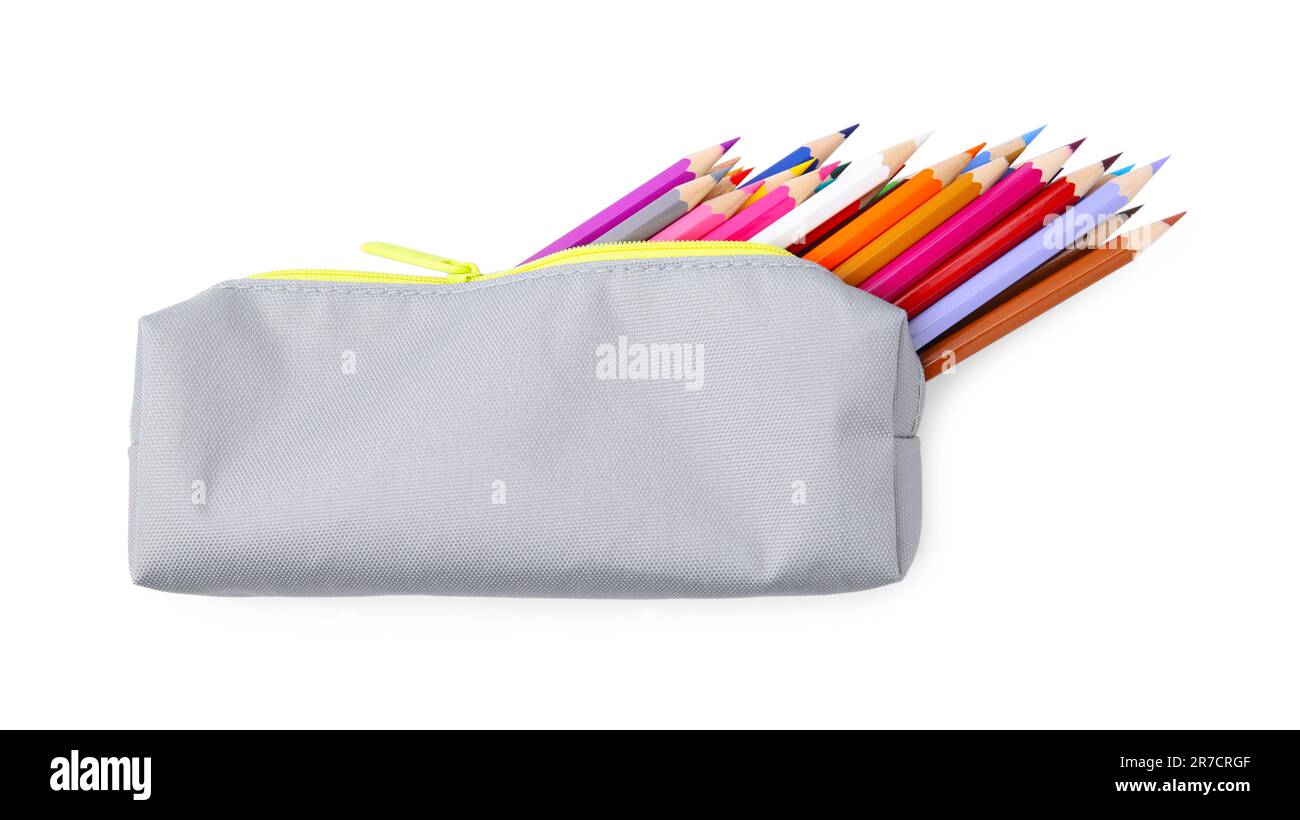 Many colorful pencils in pencil case isolated on white, top view Stock ...