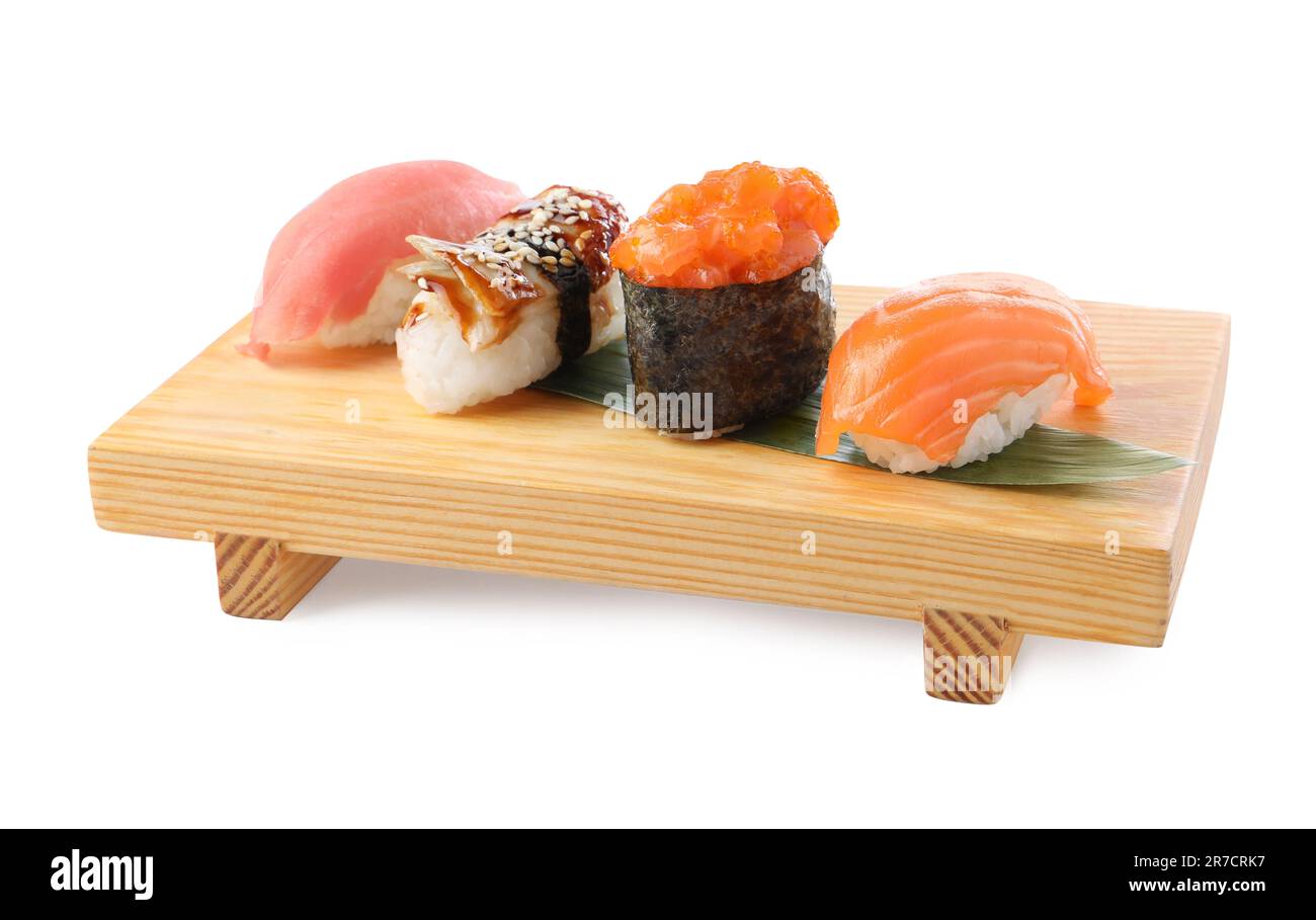 Wooden tray with delicious nigiri sushi isolated on white Stock Photo ...
