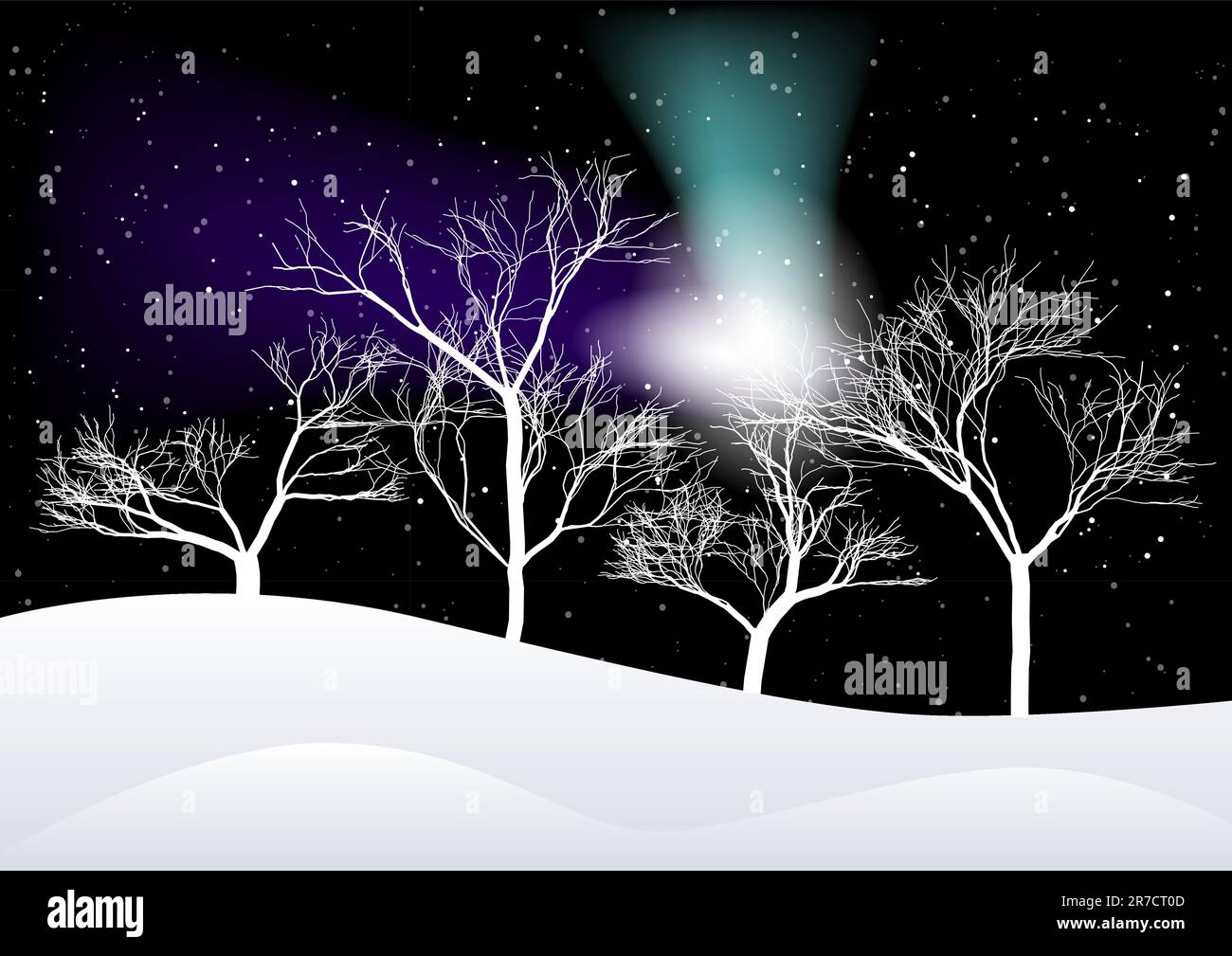 Winter Background - Snowy Hills, Trees and Night Sky with Stars Stock ...