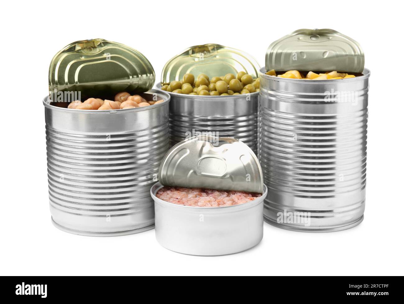 Open tin cans with different products on white background Stock Photo ...